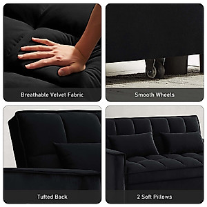 SumKea Convertible Sofa Bed, Pull Out Couch Loveseat 3-in-1 Multi-Functional Velvet Pull-Out Bed, 55'' Loveseat Chaise Lounge with Adjustable Backrest and Pillows, Black