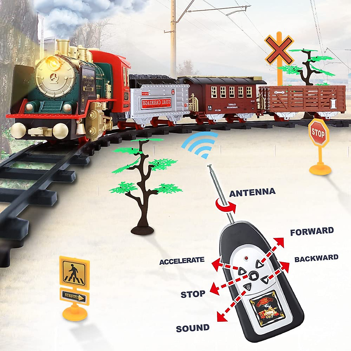 Remote Control Train Set - Electric R/C Train Toy for Kids w/Smokes,Lights & Sound,Railway Kits w/Steam Locomotive Engine,Cargo Cars & Tracks, Christmas Toys for 3 + Year Old Kids