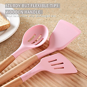 hecef Kitchen Utensils Set, 32 PCS Silicone Cooking Utensils Set with Stainless Steel Holder, 446°F Heat Resistant Food Grade Kitchen Gadgets Tools Set Wooden Handle for Nonstick Cookware (Pink)