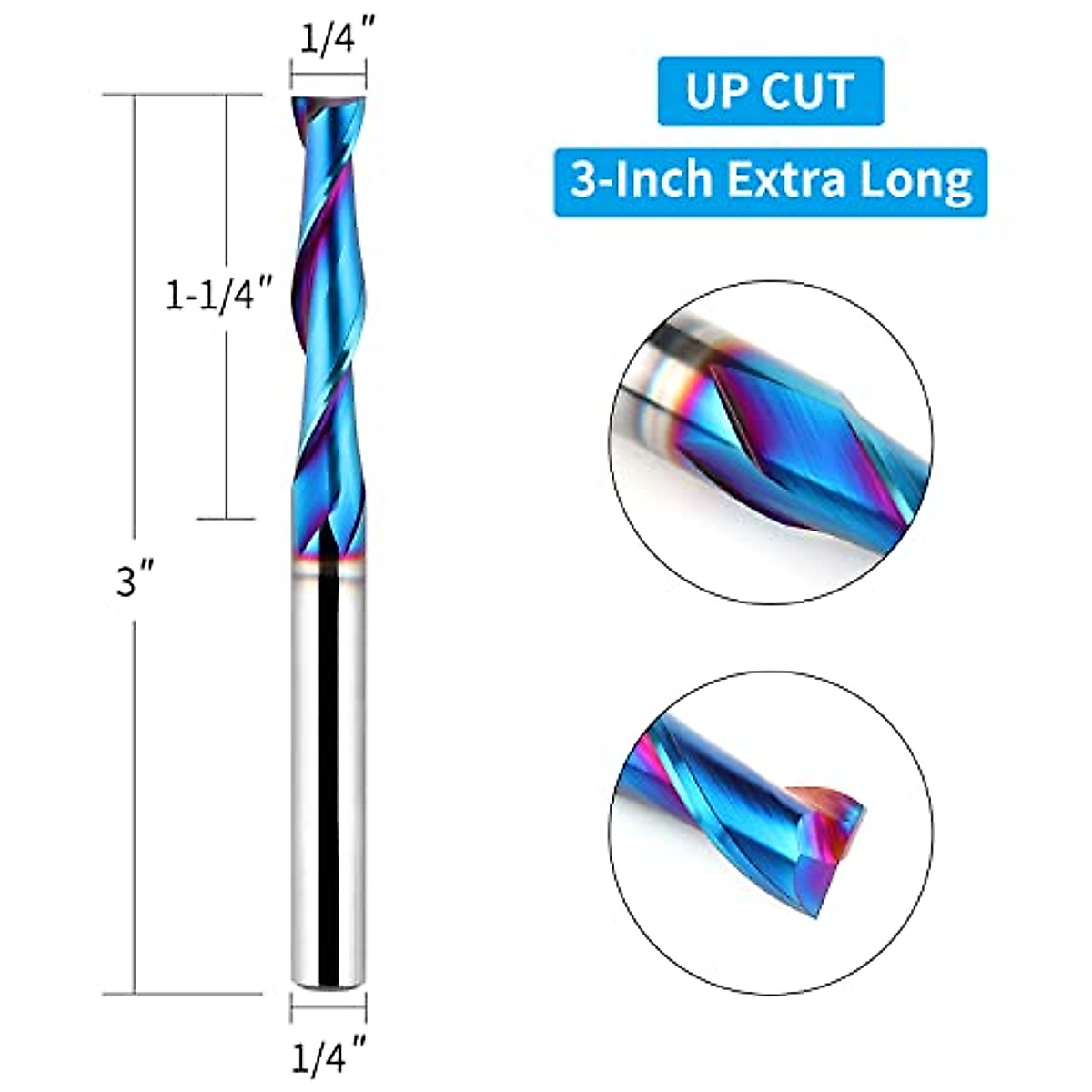 EANOSIC 5PCS Upcut Spiral Router Bit 1/4 inch Shank, 1/4 inch Cutting Diameter, Extra Long 3 inch Solid Carbide with Nano Blue Coating CNC Router Bits End Mill for Wood Cut, Carving