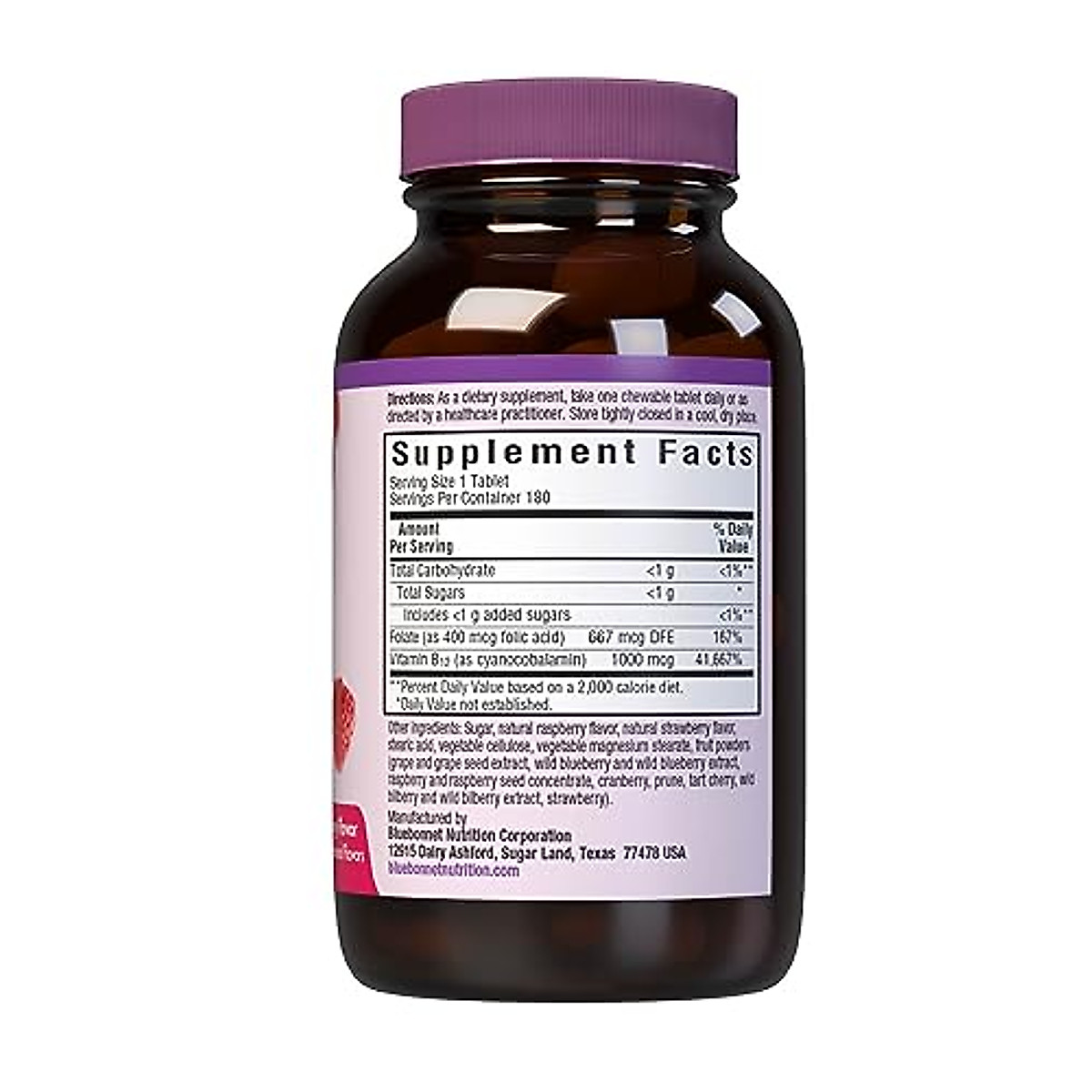 Bluebonnet Nutrition Earth Sweet Vitamin B12 & Folic Acid Chewable Tablets, Cream Raspberry 180 Count (Pack of 1)