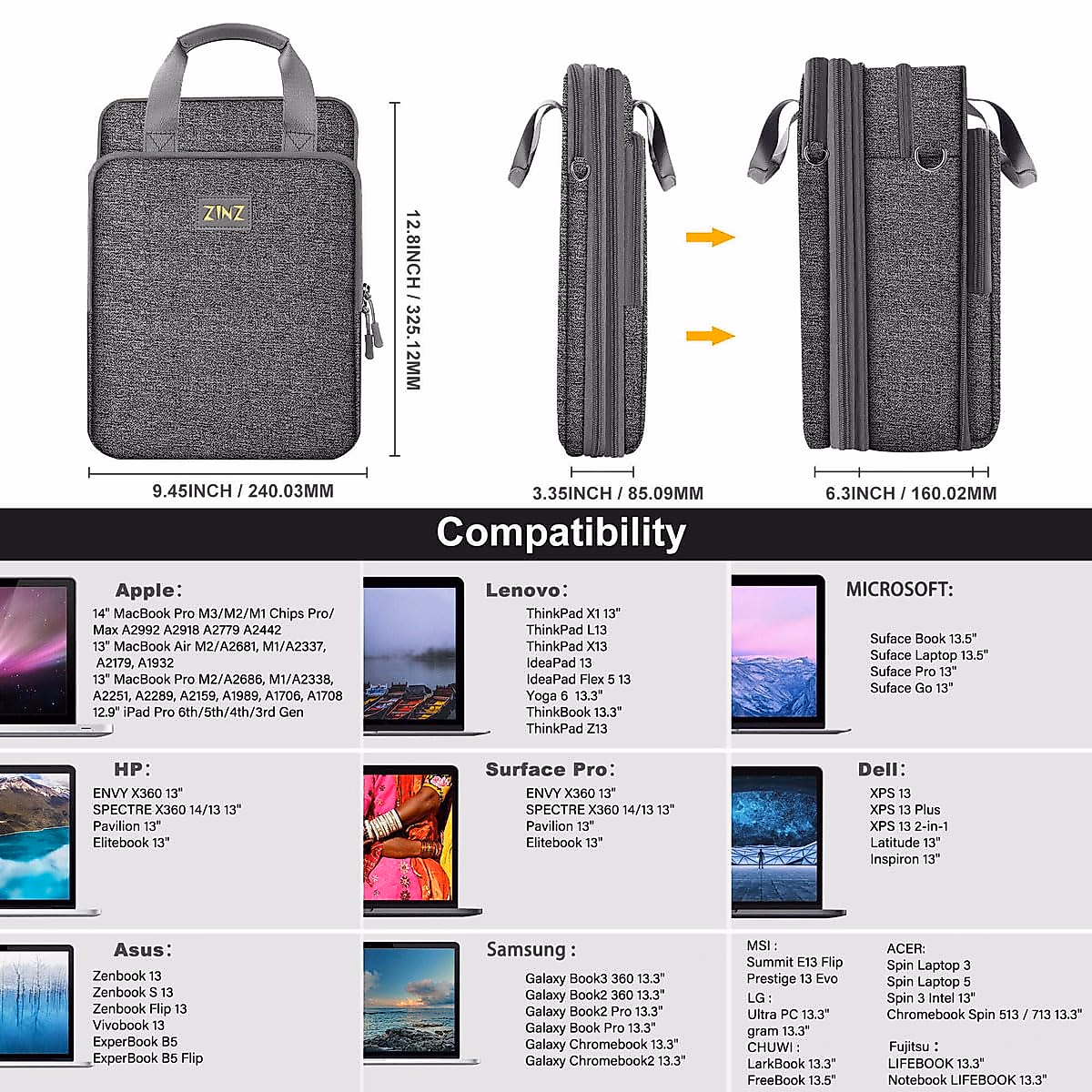 ZINZ Slim & Expandable Case 12.9 13 inch Travel Laptop Shoulder Bag for MacBook Air 13" M3/M2/M1, MacBook Pro 13" M2/M1, iPad Pro 12.9"/13"/11", iPad Air 13",L01G03