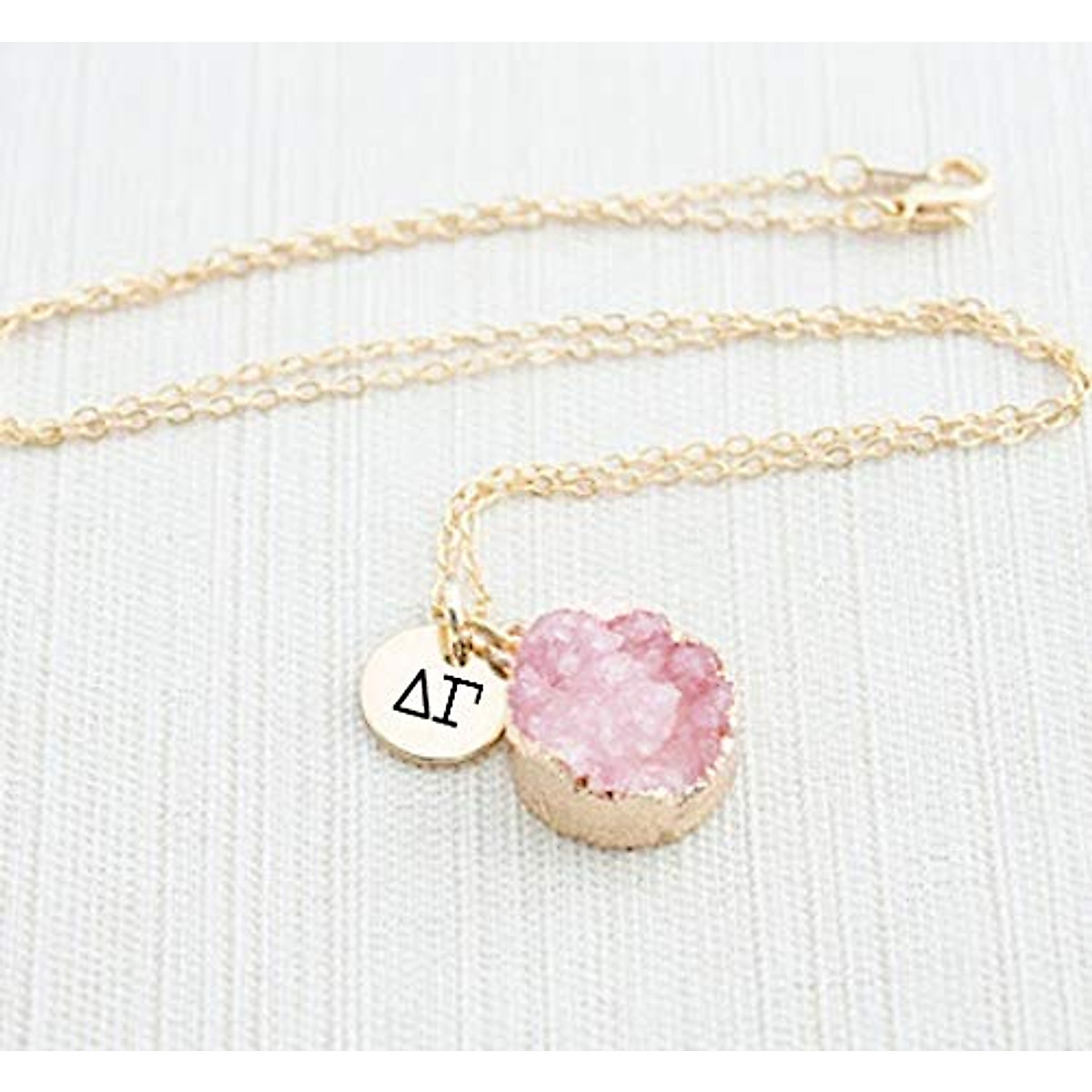 Sorority Shop DG Necklace - Delta Gamma Pink Druzy Gemstone Necklace With Engraved Pendant – 14K Gold Dipped Jewelry with Pink Gemstone – Sorority Gift, Charm Paraphernalia