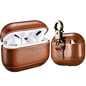AirPods Pro Leather Case with Strap, ICARER Genuine Leather Portable Protective Shockproof Cover for Apple AirPods Pro case Keychain Support Wireless Charging (Brown)