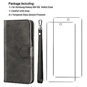 for Samsung Galaxy A54 5G Case and Tempered Glass Screen Protector, PU Leather Flip Cover Wallet Phone Case Protector [Full Protection] [Card Slots] [Kickstand] for Samsung Galaxy A54 5G, Black