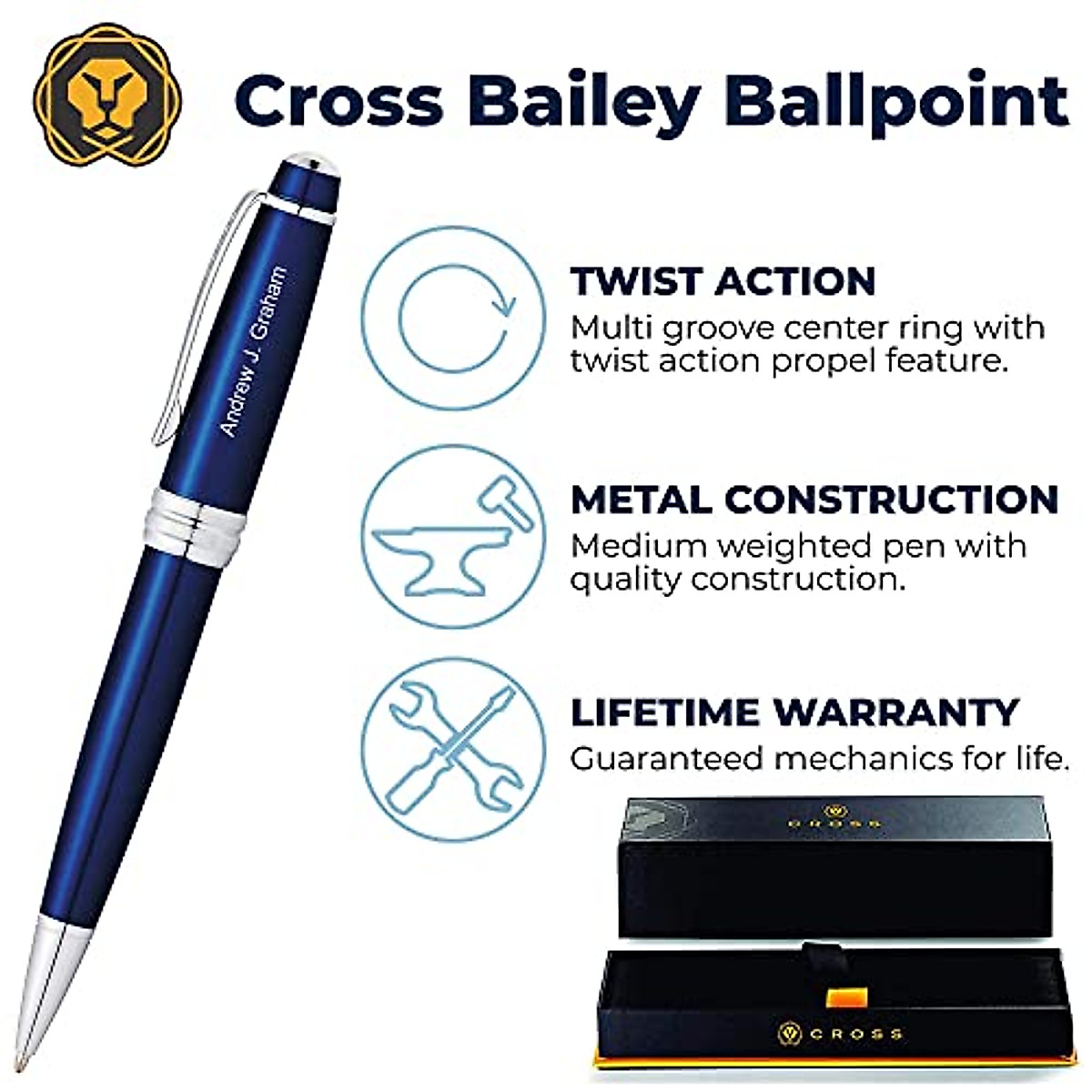 Dayspring Pens Personalized Cross Pen | Engraved Cross Bailey Blue Lacquer Ballpoint Gift Pen - Chrome Trim AT0452-12. Custom Engraving Included.