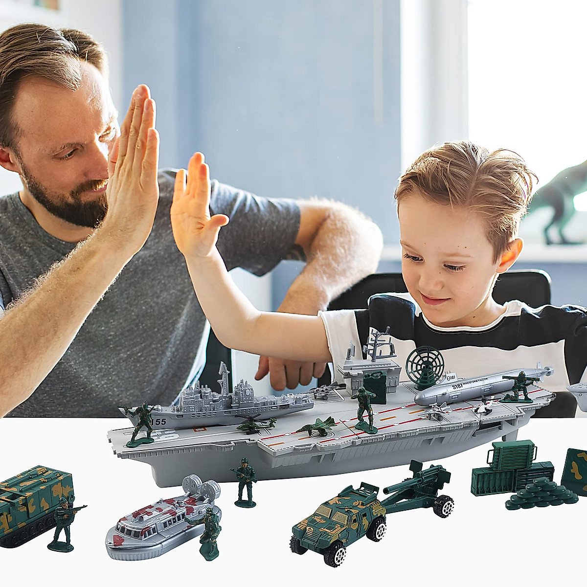 deAO Aircraft Carrier Toy with Scale Model Warplanes Warships Military Vehicles Battleship Helicopter Planes Trucks Tank Army Men Toys for Kids Boys Girls 18 Inches