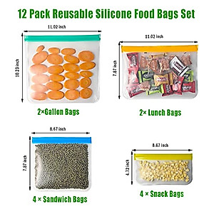 12Pcs Reusable Freezer Bags Food Storage Bags WLRGOOD Flat Silicone Bags Leakproof BPA Free Freezer Gallon/Lunch/Sandwich/Snack Food Storage Containers for Meat Fruit Veggies Travel Home Storagation