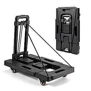 Shywall Folding Luggage Cart , 200 lb Capacity Heavy Duty Luggage Cart with 5 Wheels and 2 Elastic Cords for Luggage/Garden/Office Transport, Black