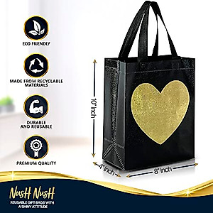 12 Black Gift Bags With Shiny Gold Heart Print - Non-woven Reusable Gift Bags With Glossy Finish - Cute Birthday Bag, Favor Bags, Eco-Friendly Gift Bags, Christmas, Party- 8x4x10 Small-Medium Size