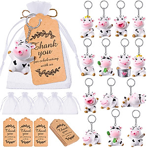 14 Sets Cow Keychains Party Favors for Kids with Organza Bags Thank You Tags Cute Baby Shower Keychain Return Favors Exchange Gifts for Gender Reveal, Classroom Rewards, Cow Themed Party Supplies