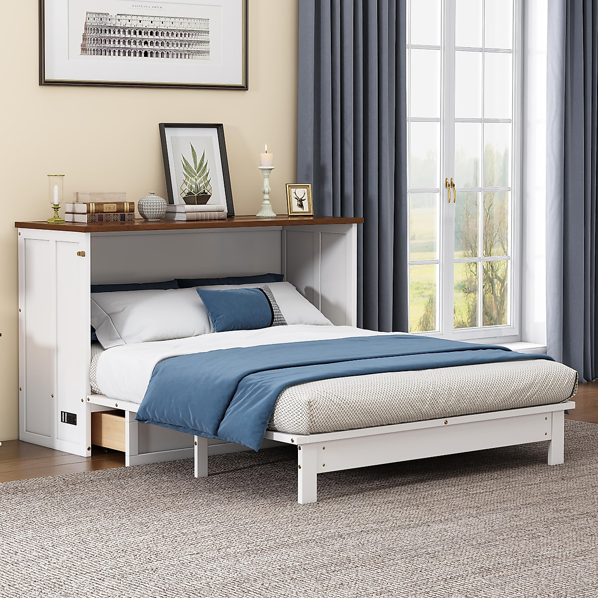 Merax Queen Murphy Bed with Storage & Charging Station, Farmhouse Solid Wood Murphy Cabinet with Foldable Panel, Noisy Free, for Guest Bedroom, Living Room, Office, White+Walnut