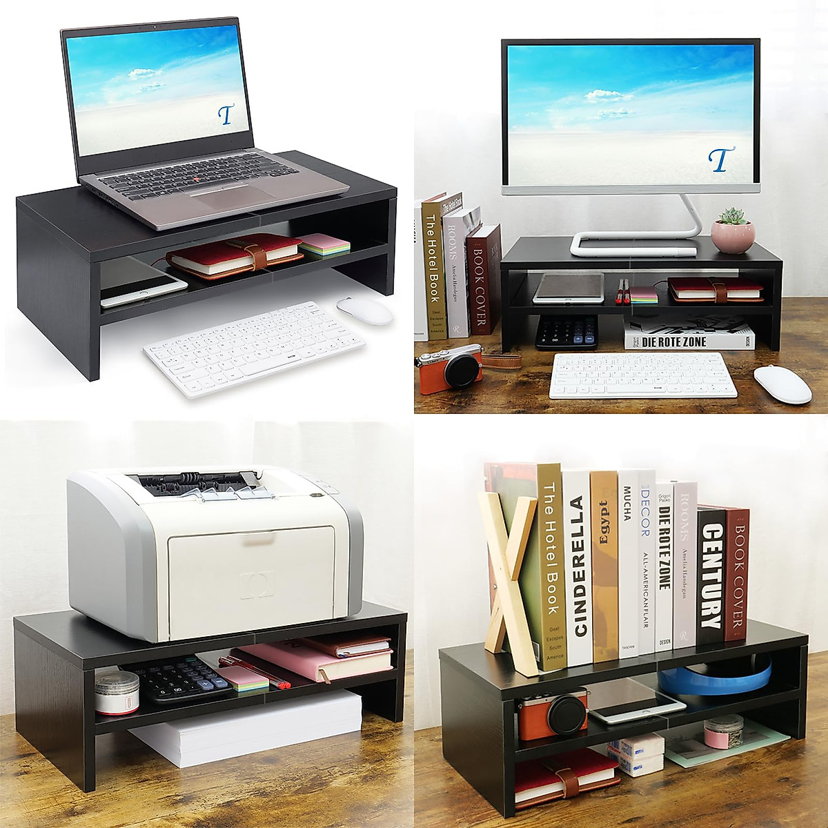 TEAMIX 2 Tiers Wooden Desktop Monitor Stand Riser 20 Inch Printer Stand with Double Storage Small TV Riser Laptop Keyboard Holder Business Desk Organizer Shelf Black Bookshelf