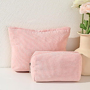 SOIDRAM 2 Pieces Makeup Bag Large Corduroy Cosmetic Bag Capacity Canvas Mix Travel Toiletry Bag Organizer Cute Makeup Brushes Aesthetic Accessories Storage Bag for Women, Corduroy Mix Pink