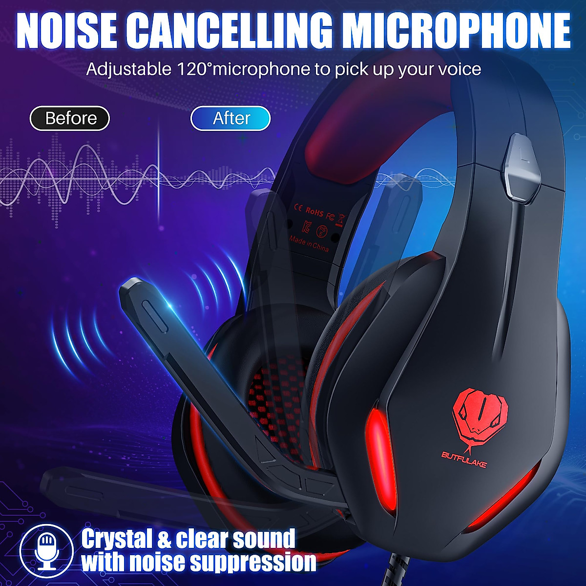 Stynice Gaming Headset for PC, PS4, Xbox One, Laptop, Crystal Clear Surround Sound Computer Gamer Headset with Noise Canceling Mic and LED Light - Lightweight and Comfortable Gaming Headphone