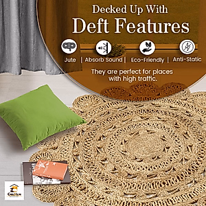 GRUHUM Handwoven 4ft Jute Area Rug-Natural Fiber Round Handmade Boho Farmhouse Rustic Vintage Soft Braided Reversible Rug-Indoor EcoFriendly Kitchen Bedroom Living Room Hallways Enterways 4'feet Round