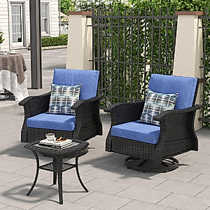 KICOFI Manual Weaving Wicker Patio Furniture Set 3 Pieces, Outdoor Swivel Rocking Chairs with Side Table, Patio Conversation Set with Comfy Cushions for Backyard, Garden, Balcony, Poolside Denim Blue