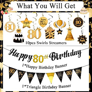 Hapdoo 80th Birthday Decorations Set - 80th Birthday Decorations Men Happy 80th Birthday Banner Triangle Flag Hanging Swirls Streamers for Women Men Birthday Party Decorations Supplies, Black and Gold