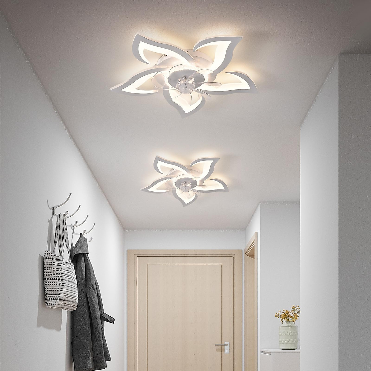 ZHMDJDSH 26" Geometric Ceiling Fan with Light Remote Control, 6 Speeds 3 Colors, White Low Profile Flush Mount Ceiling Light for Kitchen Bedroom Living Room