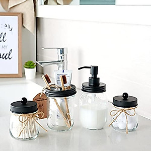Mason Jar Bathroom Accessories Set 4 Pcs -Lotion Soap Dispenser & 2 Cotton Swab Holders & Toothbrush Holder - Rustic Farmhouse Decor, Bathroom Home Decor, Perfect Decorating Idea (Black)