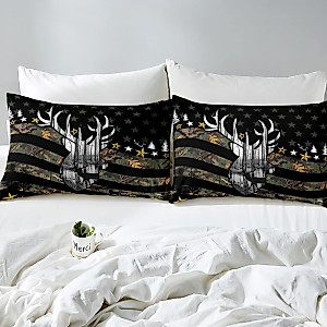 Erosebridal Camouflage Queen Duvet Cover, American Flag Themed Bedding Set for Boys Men, Reindeer Elk Deer Hunting Comforter Cover, Camo Military Green Queen Bed Set Hunter Wild Animal Decor Black