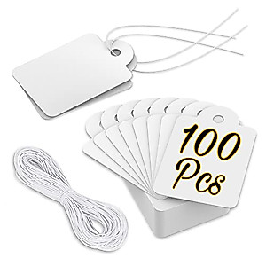 Price Tags with String (100 Pack, White) 1.75x1.09 Inch – Lightweight Quality Card Stock Material – Strings Tags to Label Parcels, Gifts, Clothing & All Kind of Events