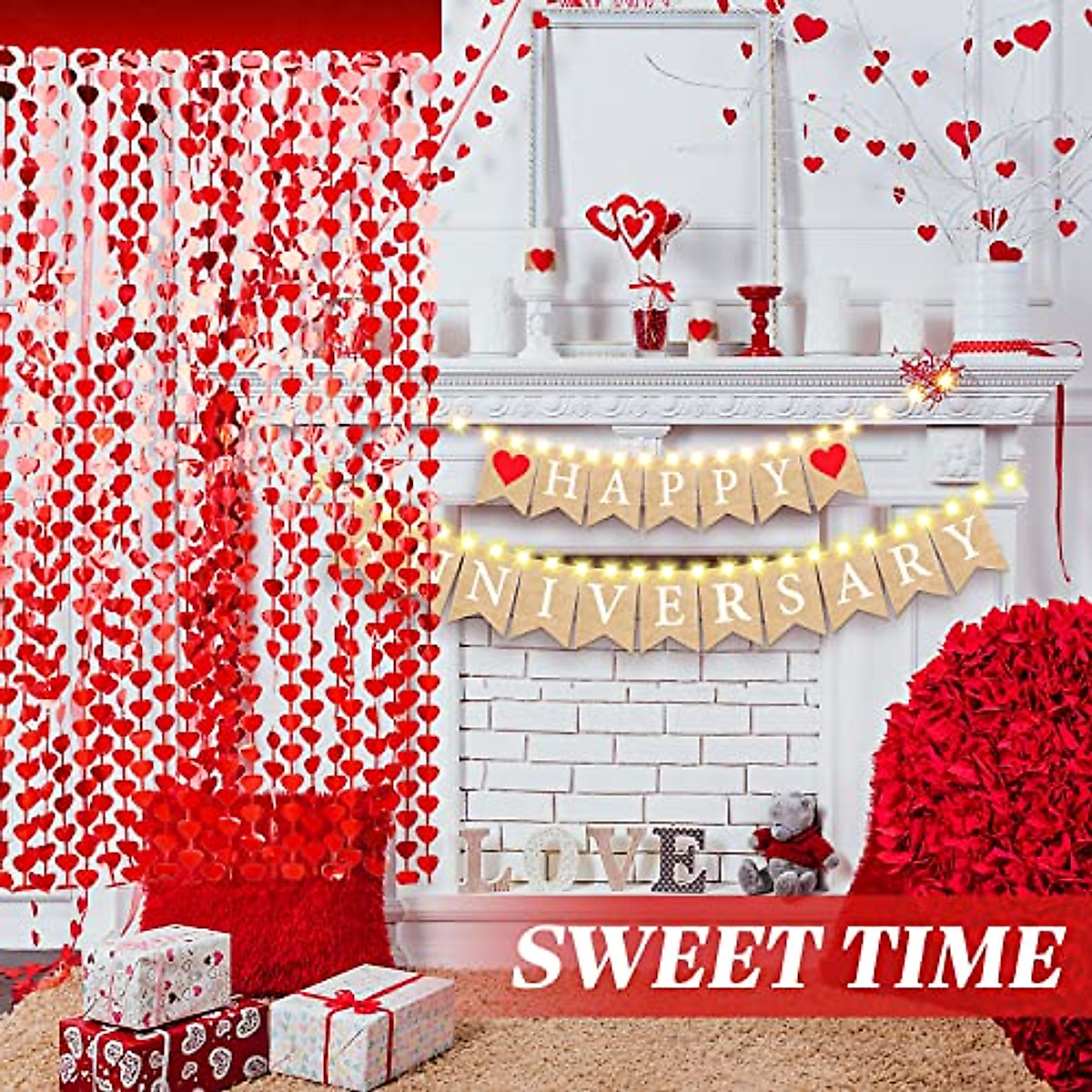 Breling 6 Pieces Burlap Happy Anniversary Banner Party Bunting Garland Decorations Wedding Decoration Supplies Hanging Red Heart Streamer with LED Lights, M