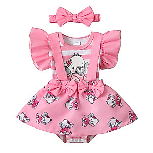PAKGLEJG Newborn Baby Girl Romper Clothes Elephant Suspender Dress Ruffle Sleeve Onsesie Headband Cute Baby Clothes for Girl (Pink, 3-6 Months)