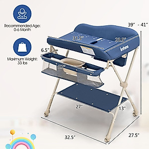 INFANS Portable Baby Changing Table, Folding Diaper Dresser Station with Wheels, Adjustable Height, Safety Belt, Drying and Storage Rack, Mobile Nursery Organizer Stand for Newborn Infant (Gray)