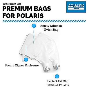 Aquatix Pro Premium Compatible Zipper Replacement Bags for Polaris 360 & 380 (2pc), Heavy Duty Pool Vacuum Cleaner/Filter Parts, Easy to Install Leaf Bags, Damage Free Enclosure, Full Warranty