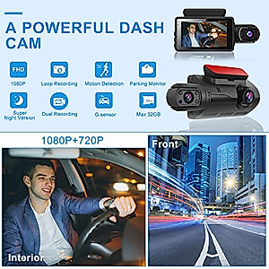 Dash Cam Front and Inside 1080P Dual Dash Camera for Cars 3 Inch Full HD 110° Wide Angle Car Dashboard Camera w/Infrared Night Vision, G-Sensor, Parking Monitor, Loop Recording, Motion Detection