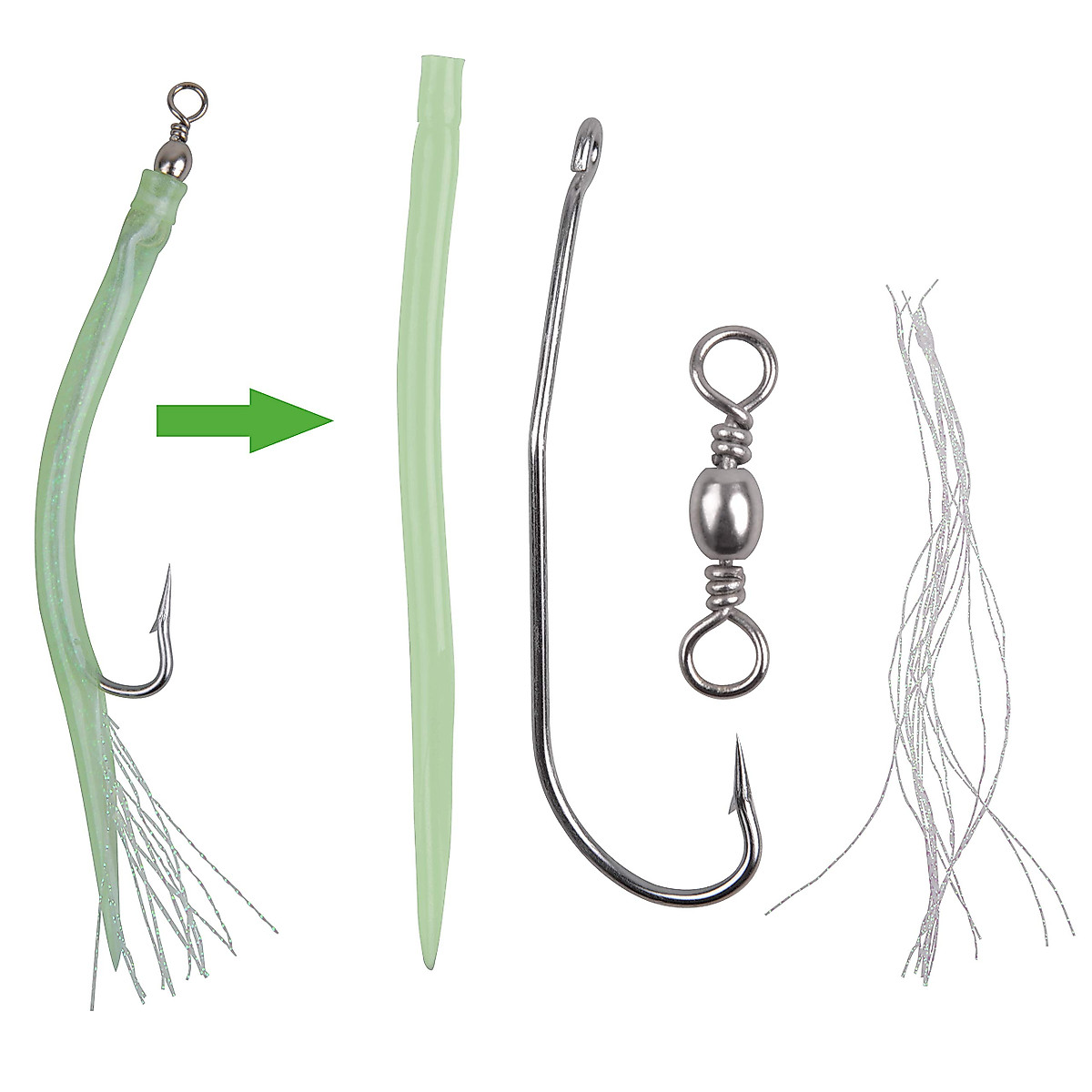 Striped Bass Tube Lures Trolling Lures Saltwater Cod Rig Tube Teaser with Stainless Steel EEL Hook Barrel Swivel for Offshore Trolling Striper Bass Big Game Fishing (Green 7/0)