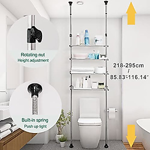 Hershii 4-Tier Over The Toilet Storage Rack Bathroom Space Saver Laundry Shelf Above Washer Dryer Organizer Unit Stand Double Tension Poles, Adjustable Height & Width - Black