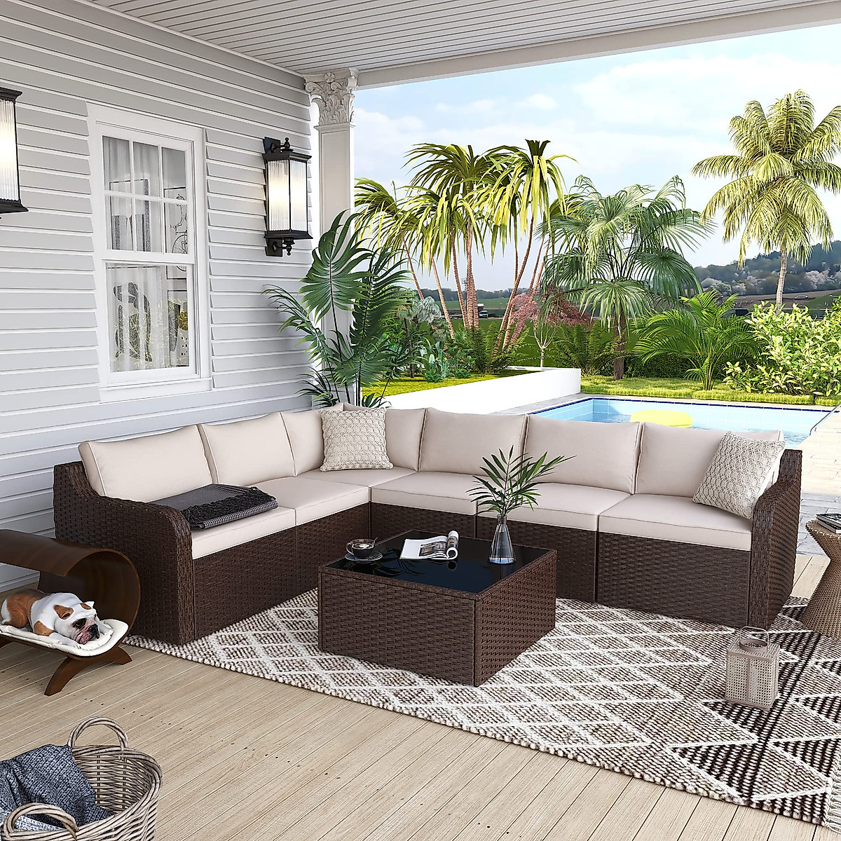 Vicluke 7 Pieces Patio Furniture Set, PE Rattan Sectional Sofa, High Back Outdoor Furniture Set, Wicker Patio Conversation Set with Cushion and Wood Table for Deck, Garden and Backyard (Blue)