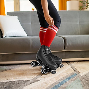 Sure Grip Fame Men & Women Premium Roller Skates Black Leatherette | Stylish Skates for Indoors - Double Structure, Stronger Grip, Extra Long Laces - Suitable for Beginners