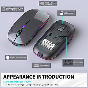 Atrasee Dual Mode LED Wireless Bluetooth Mouse for Laptop, Slim Rechargeable RGB Computer Mice (USB 2.4G + Bluetooth 5.1), Ergonomic PC Gaming Mouse w/ 3 Adjustable DPI, for Laptop MacBook Pro, Black