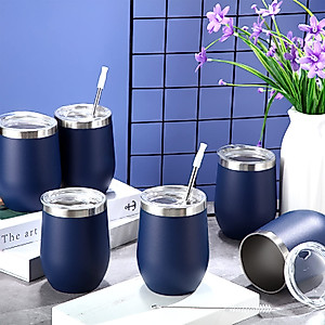 30 Pieces 12 oz Stainless Steel Wine Tumbler Bulk Double Wall Vacuum Insulated Wine Glasses with Lids and Straws Travel Mugs Coffee Tumbler Cups for Wedding Birthday Party Favor Gifts (Navy Blue)