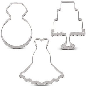 LILIAO Wedding Cookie Cutter Set Anniversary/Bridal/Engagement - 3 Piece - Diamond Ring, Wedding Dress and Cake Biscuit Cutters - Stainless Steel