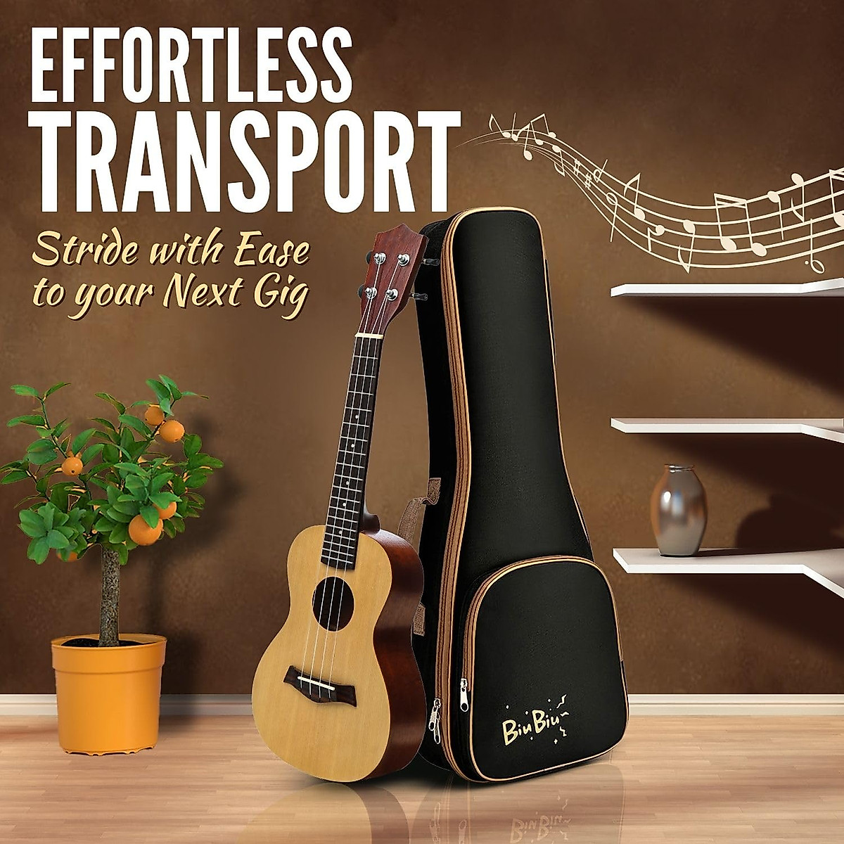 Flexzion Ukulele Gig Bag - Uke Backpack Storage Soft Case Waterproof w/Carrying Handle, Pocket & Adjustable Shoulder Strap, Music Accessories for Concert Tour Travel, Black, 26 in., Tenor