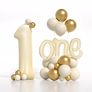 Boys or Girls 1st Birthday Decorations Kits - 40 Inch Cream Number 1 and 18 Inch one Foil Balloons Set with White Sand Metallic Gold Balloons Different Sizes 5 12 Inch for Kids First Birthday Party