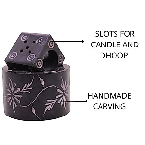 KC KULLICRAFT Hand Carved Black Soapstone Incense Holder | Candle Stick Burner | Tea Light Stand. Decorative Round Shape Carving for Home and Office Decor. (2.5 x 2.5 x 2 Inches)