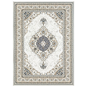 Aelenmu Washable Rugs for Living Room: 9x12 Area Low Pile Soft Rug with Non-Slip Backing Non-Shedding, Medallion Floor Carpet Bedroom Dining Room Nursery Home Office-Beige