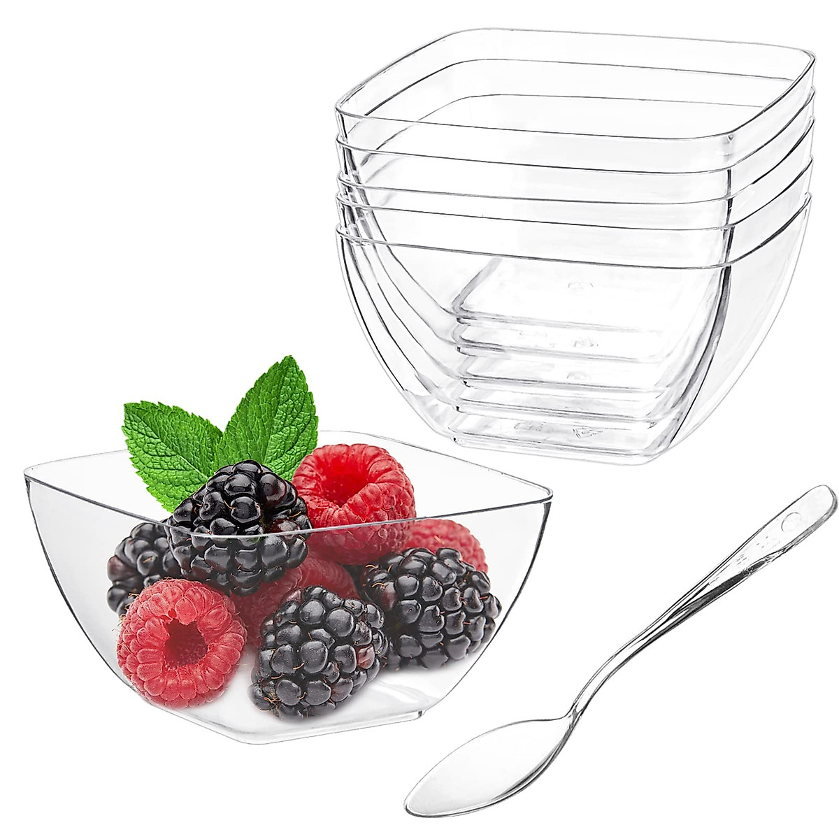 TOFLEN 100ct 2 oz Mini Dessert Cups with Spoons, Clear Plastic Reusable Small Party Serving Cups for Appetizers, Hors D'oeuvres Plates