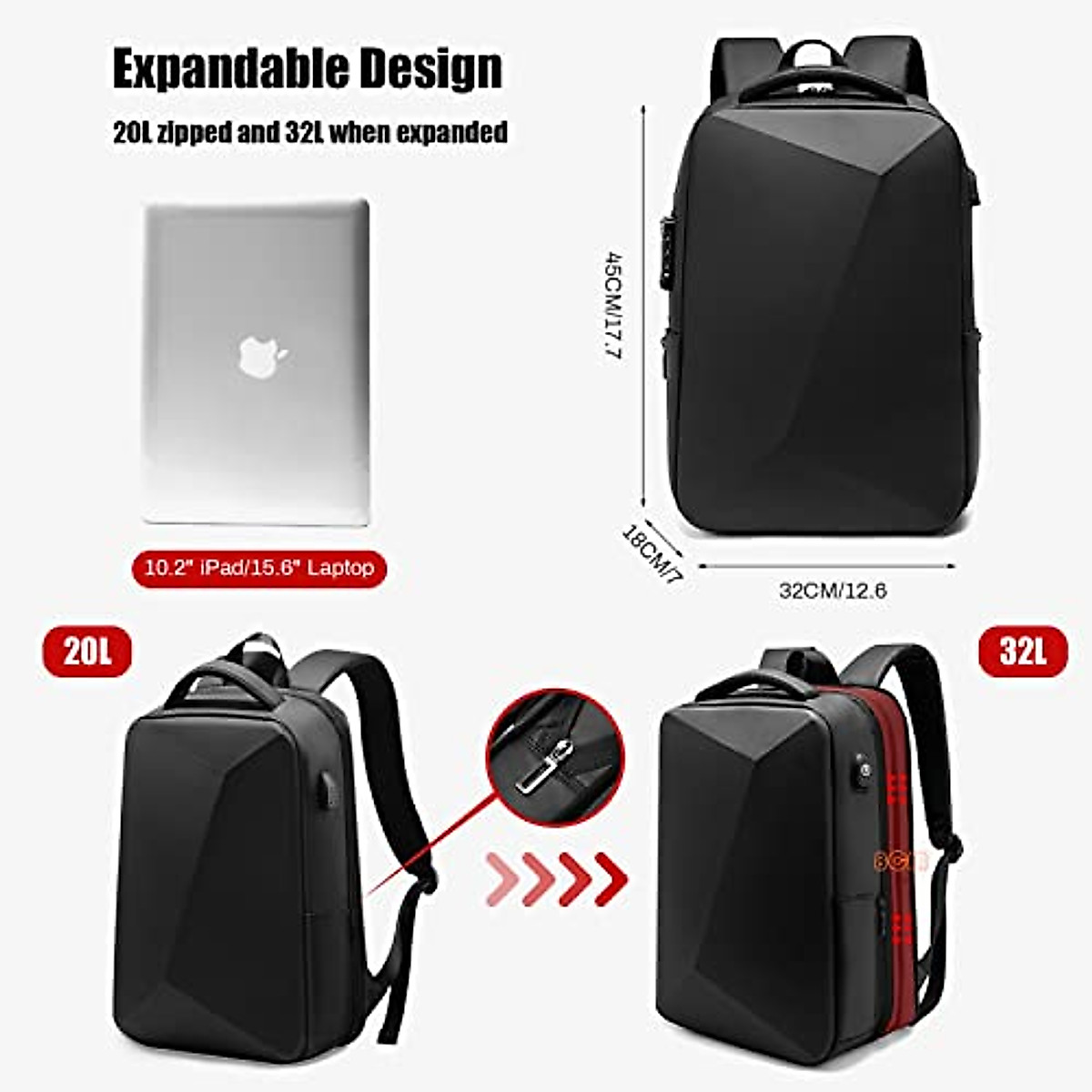 JUMO CYLY Hardshell Anti-theft Laptop Backpack, Waterproof Expandable Computer Backpackb Fit 15.6 Inch with USB Charging Port TSA Lock Business Travel Rucksack for Men