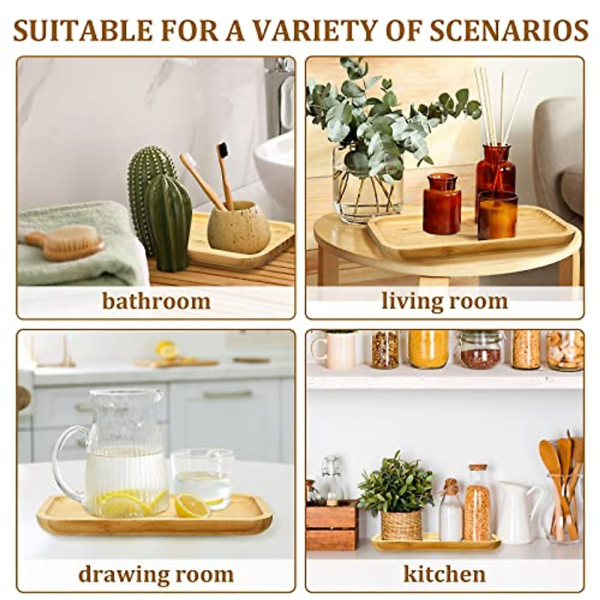 2 Pcs Bamboo Tray Bathroom Counter Tray Bathroom Tray Organizer Bamboo Toothbrush Holder Bathroom Counter Decor, 11.4 x 6.3 x 0.8 Inches, 9.8 x 5.5 x 0.8 Inches
