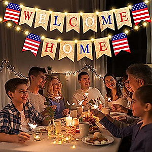 Welcome Home Banner Decoration with LED Fairy String Light 2 Flicker Mode, Patriotic Banner Bunting Welcome Home Sign for Housewarming Military Decoration Family Party 4th of July Supplies