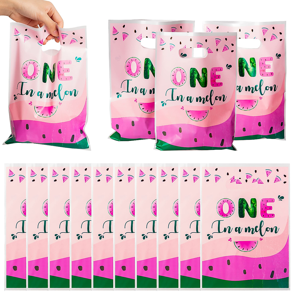 3sscha 50Pcs One in A Melon Party Favor Bag Watermelon Themed Waterproof Goodie Bag with Die Cut Handles Summer Glossy Plastic Candy Gift Bags for Kid First Birthday Baby Shower Decoration Supplies
