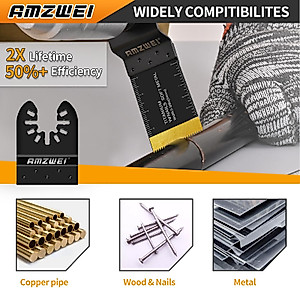 AMZWEI 50PCS Multi Tool Blade Kits, Professional Titanium Oscillating Tool Blades for Metal, Wood, Plastic, Curved Edge Oscillating Saw Blades Compatible with Dewalt Milwaukee Ryobi Rockwell Fein