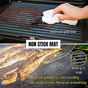 BBQ Grill Mat for Outdoor Grills - 2023 Upgraded Model With Holes - Set of 2 Non Stick Heavy Duty Reusable and Dishwasher Safe Black Mesh Topper Pads - Easy Clean on Gas Charcoal Electric Grills