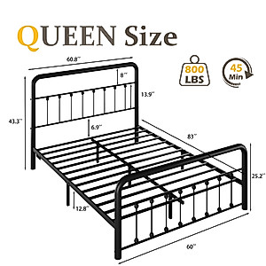 Fluest Queen Bed Frame with Headboard & Footboard, Bed Frame with Charging Station & LED, Metal Platform, Under Bed Storage, No Box Spring Needed, Noise Free, Easy Assembly, Black